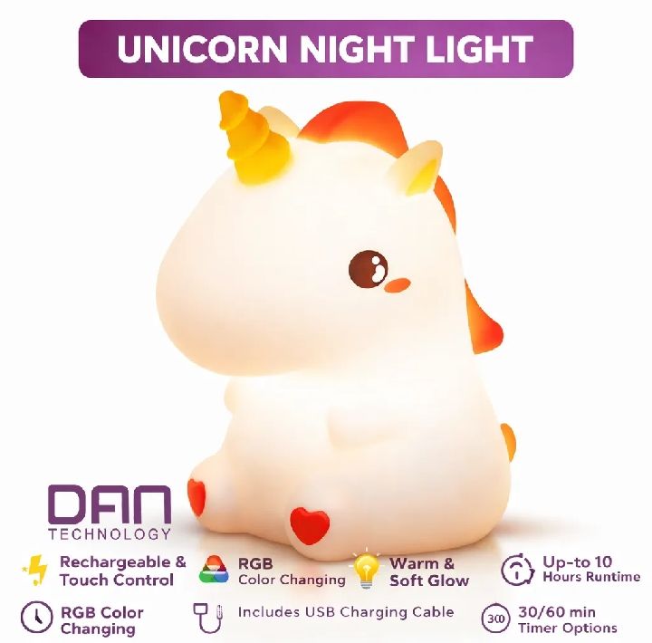 Silicone Unicorn Night Light – Rechargeable LED Lamp with 4-Color ...