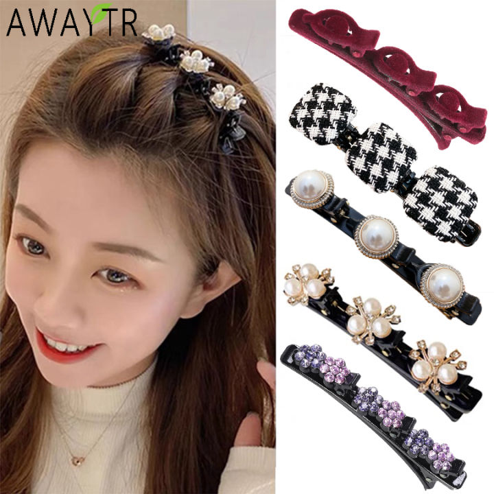 Double Layer Plait Barrettes Flocked Pearl Bangs Hair Clip Hairpin ...