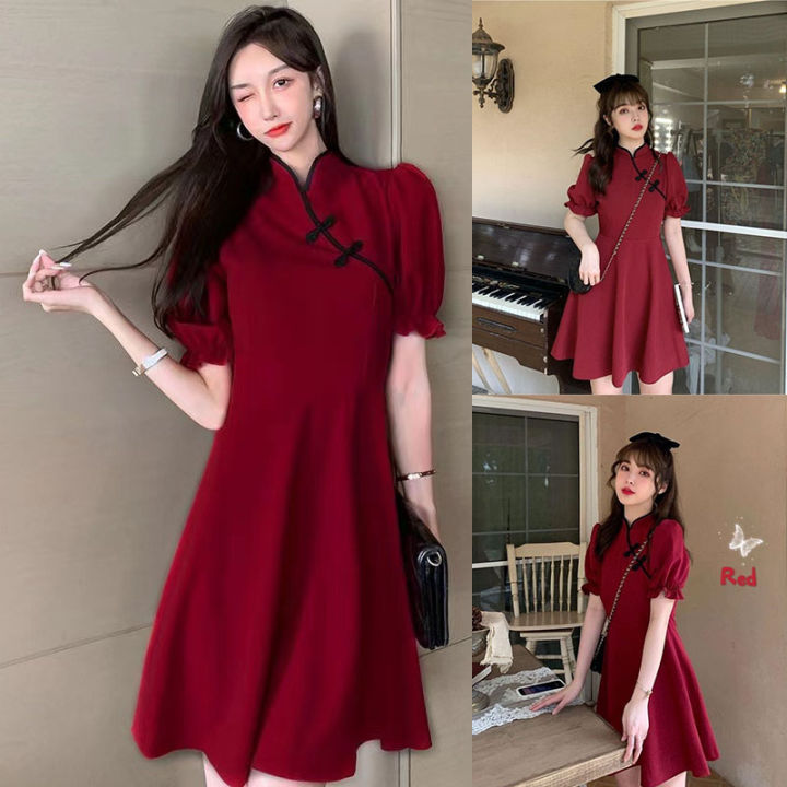 Red Dress Chinese New Year Dress Chinese style cheongsam female waist ...