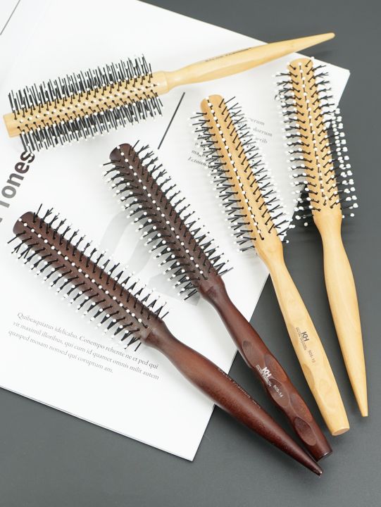 Natural Wood Handle Round Barrel Hair Comb Anti Static Brush Hair Round ...