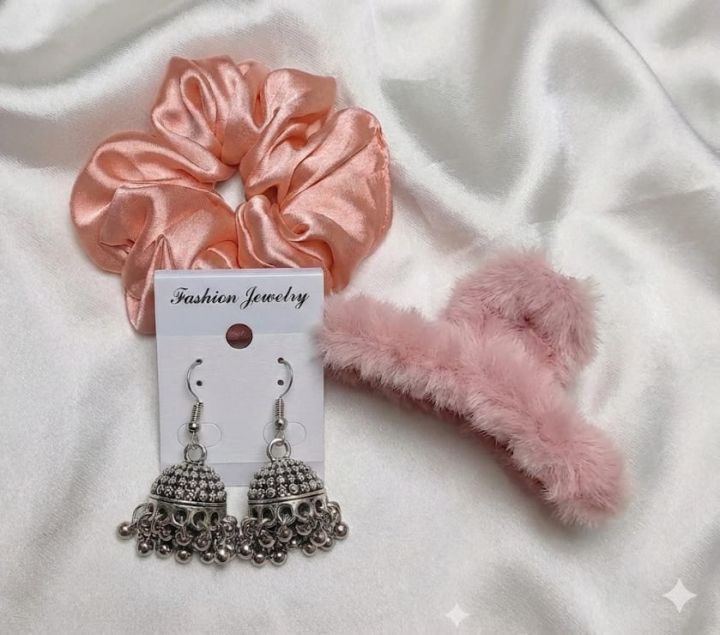 3 Pc Stylish Accessories Set – Silver Jhumka, Scrunchie & Fur Hair Clip ...