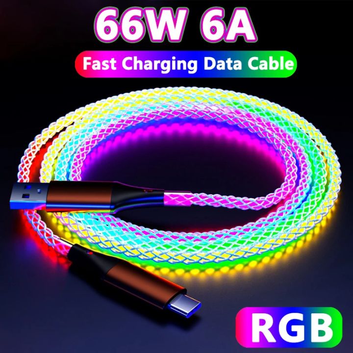 RGB 66W 6A Fast Charging USB Type C Cable Colorful Streamer Glowing ...