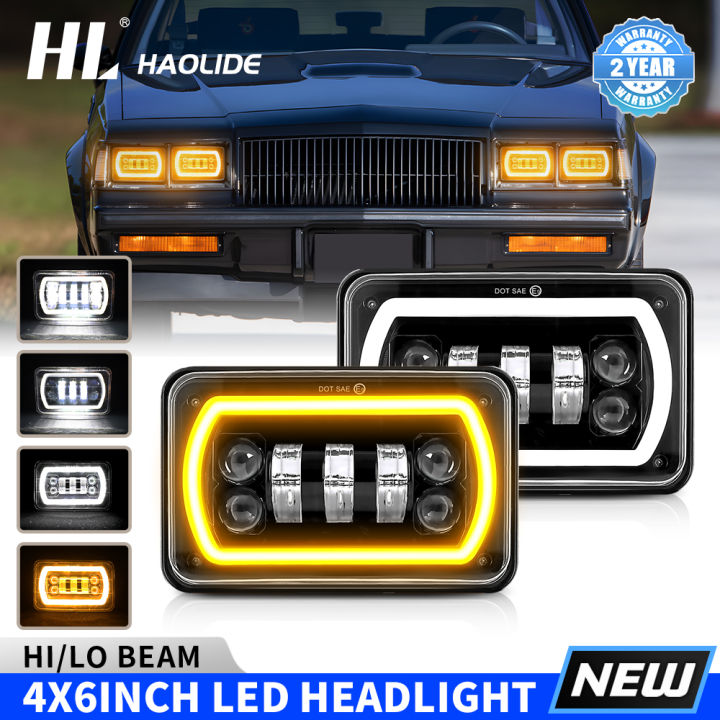 HL 4x6 Led Square Headlights Angel Eyes Combo Beams White DRL Yellow ...
