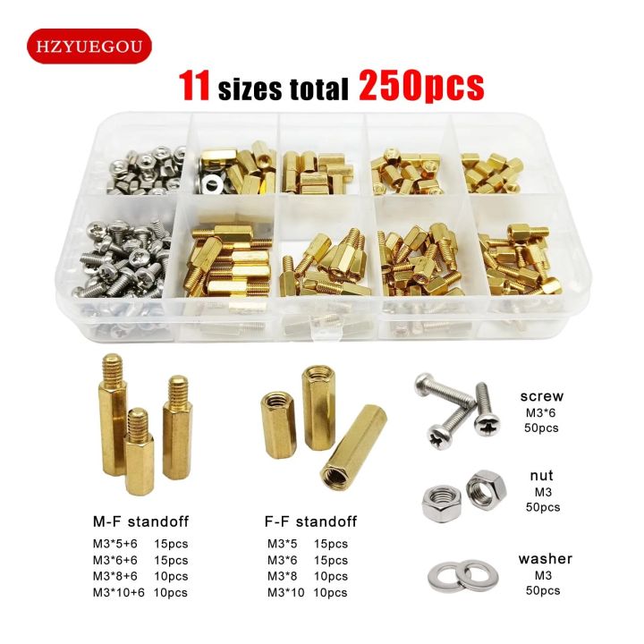 250pcs M3 Solid Brass Copper Hex Standoff Hexagon Pillar Spacer Column ...