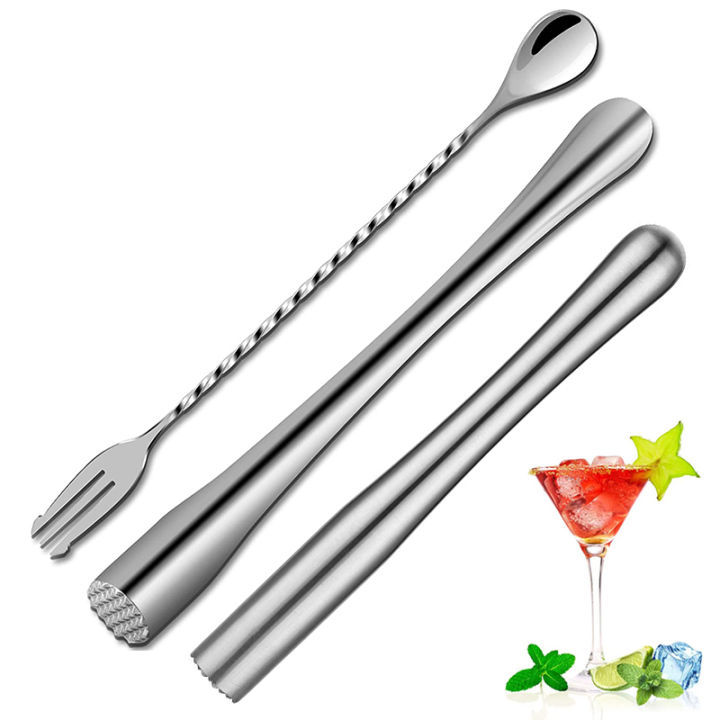 2Pcs Stainless Steel Cocktail Muddler with Bar Mixing Spoon Cocktail Muddler Long Drink Stirrer ...