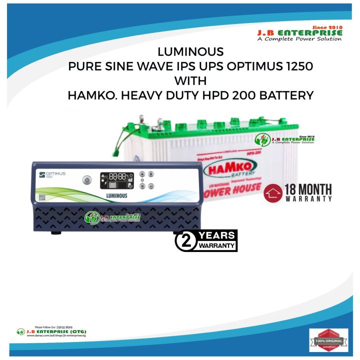 LUMINOUS PURE SINEWAVE IPS UPS MACHINE OPTIMUS 1250 WITH HAMKO_ 200AH ...