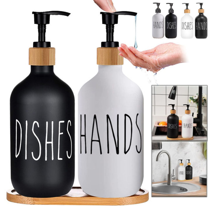 500ml Hand Dish Soap Dispenser Set With Bamboo Tray Refillable Plastic ...