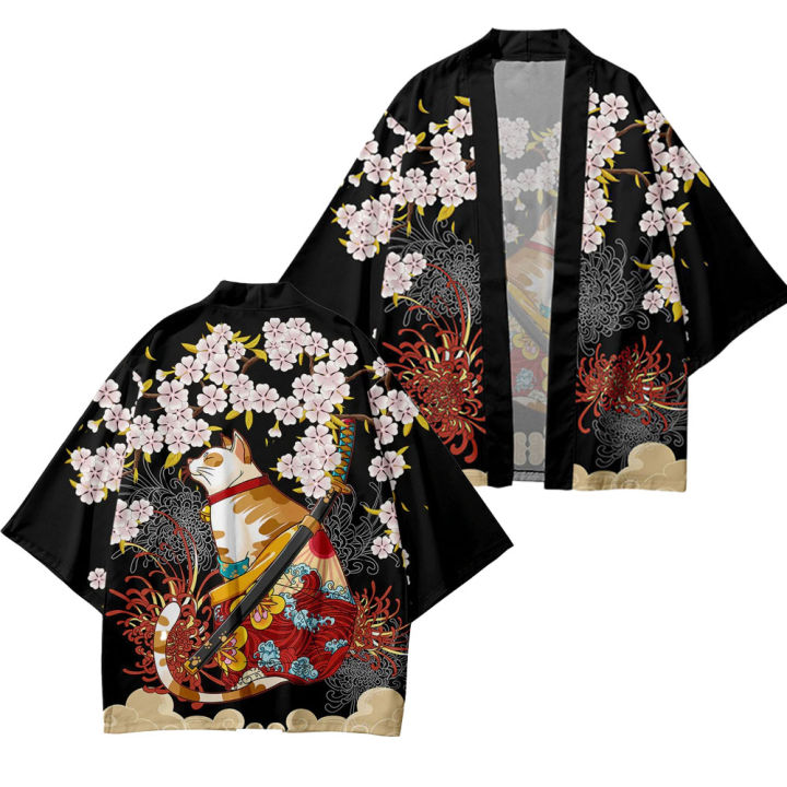 Japanese Cat Print Haori Kimonos Yukata Samurai Men Women Kimono ...