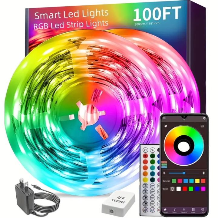 100ft(2 Rolls Of 50ft)LED Lights，RGB Color Changing Music Sync LED ...
