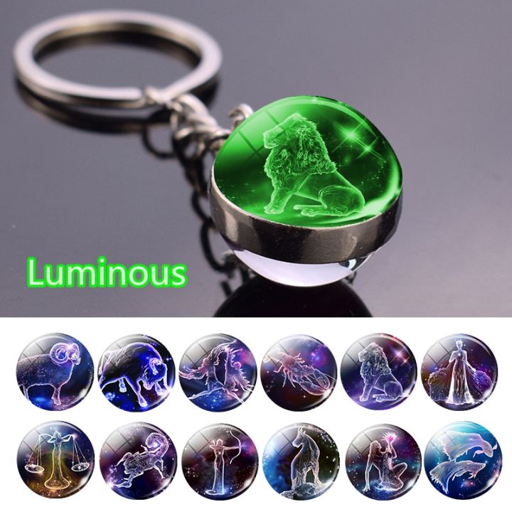 New Luminous 12 Constellation Glass Ball Key Rings Double Sided Zodiac ...