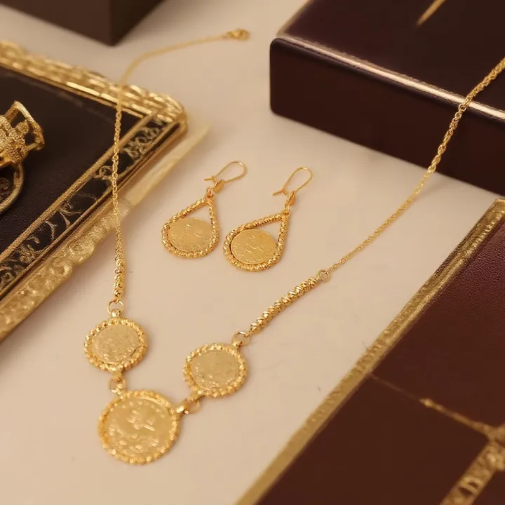 Turkish coin gold plated jewelry set kurdish wedding necklace earring ...