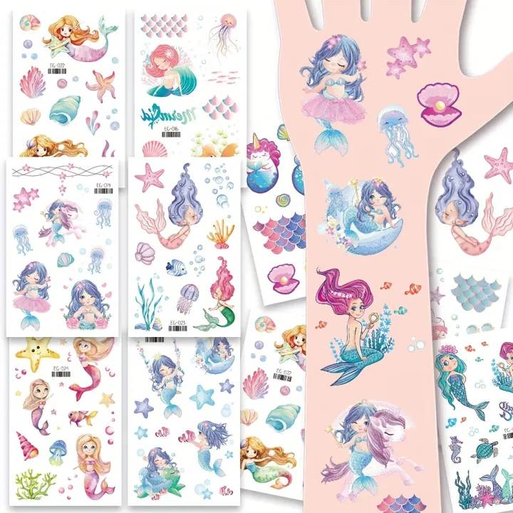 12 Sheets Glitter Mermaid Tattoo Stickers For Kids Cute Unicorn ...