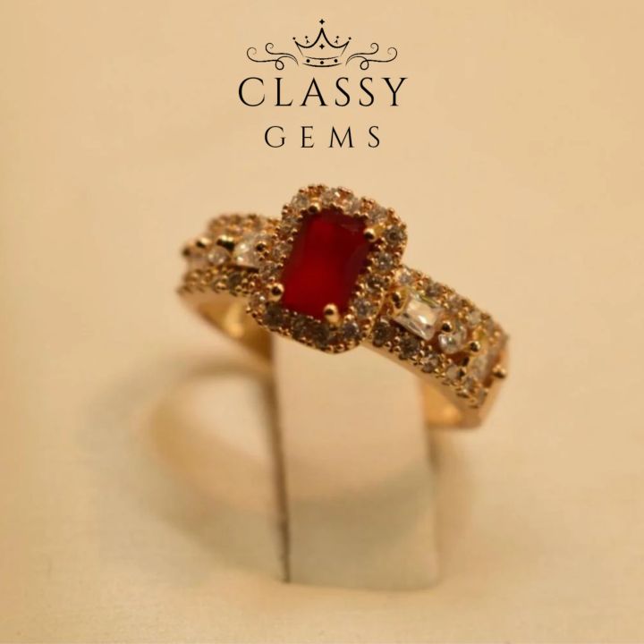 Stylish Golden Square Ring With Red stone For Girls/Women With Box ...