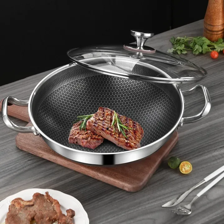 32cm 304 Stainless Steel Frying Pan Food Grade Non Stick Pan Honeycomb Pot Bottom Induction ...
