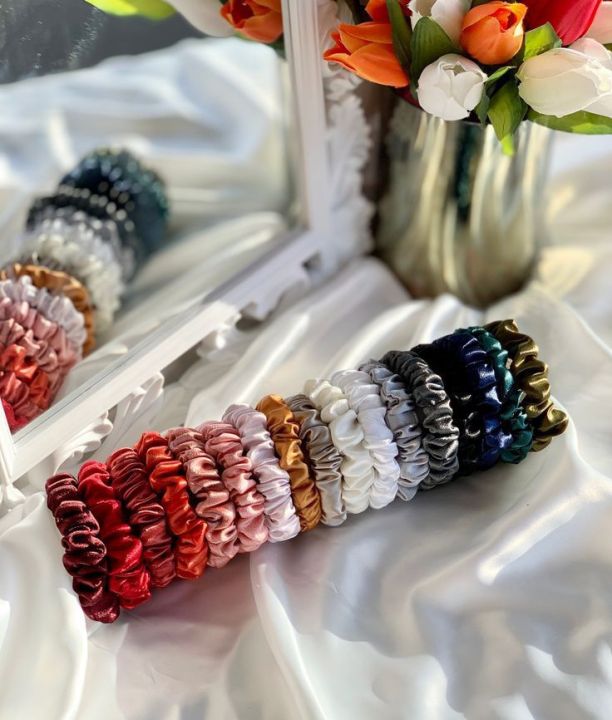 Pack of 6 and 12 silk mini scrunchies. Random color mini scrunchie ...