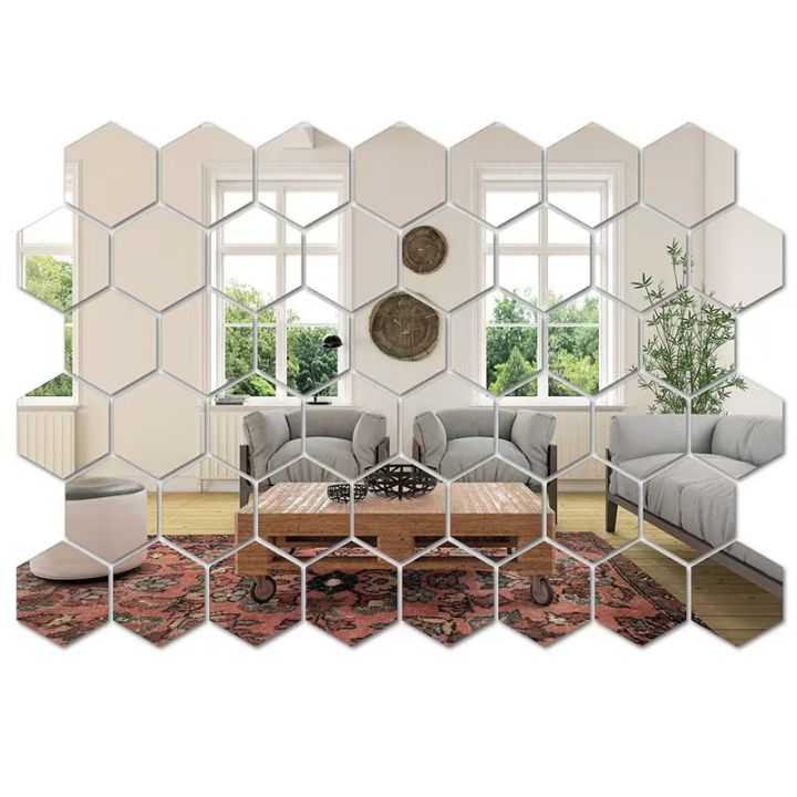 45pcs Hexagon Mirror Wall Stickers DIY Household Decorative Art Tiles ...
