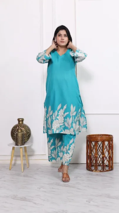 Bisesh Creation Blue V-Neck Floral Printed Straight Kurta Pant Set For ...