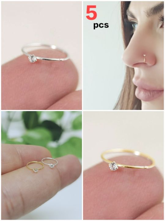 Pack Of 5 PCs Single Stone Nose Ring Nose Pin Golden And Silver Color ...