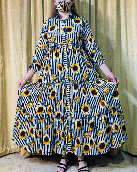 Stylish new trendy floral print Linen front open maxi for women.SF-P-05 ...