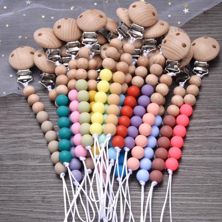 Handmade Beech Wood Baby Pacifier Chain Round Silicone Beads Infant ...