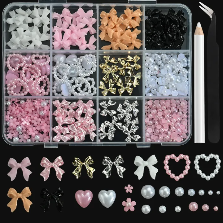 12Grids 3D Bow Nail Art Charms Kit Multicolor Bowknots Flowers Bear ...