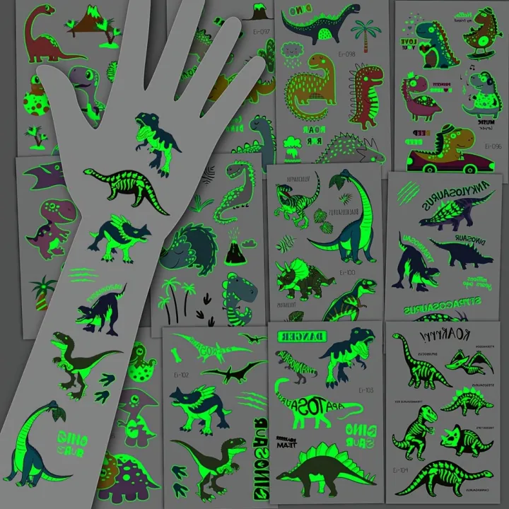 12 Sheets Luminous Dinosaur Temporary Tattoos For Boys Cute Cartoon ...
