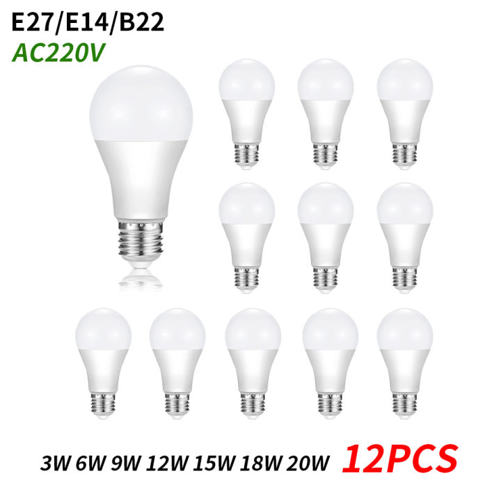 12PCS Led Bulb Lamps E27 E14 B22 AC220V Light Real Power 3W 6W 9W 12W ...