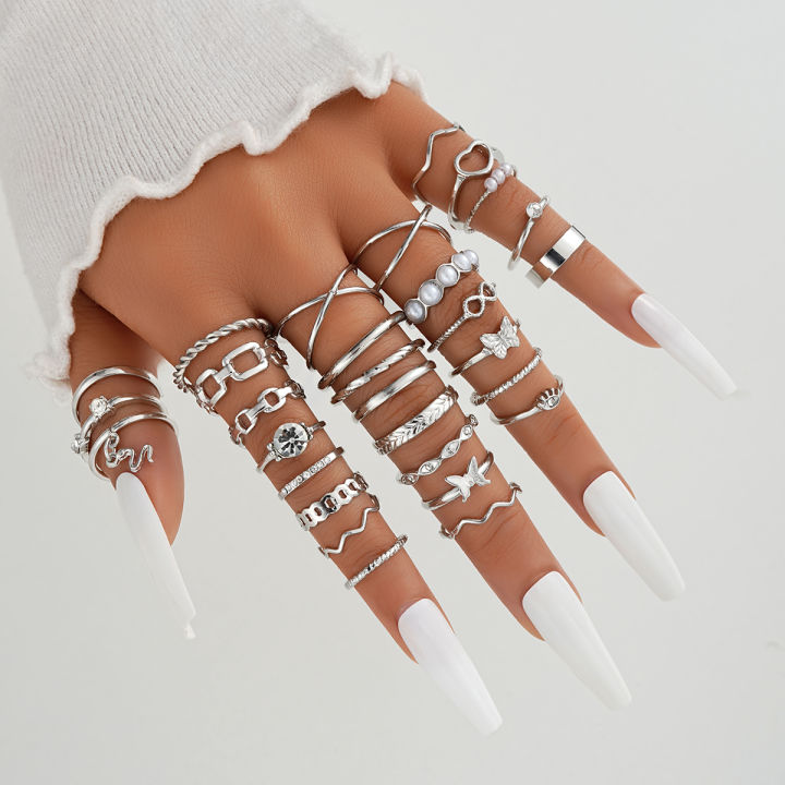 30 PCS Silver Color Geometric Ring Set For Women Vintage Heart Eye Cross Sun And Moon Leaf Charm ...