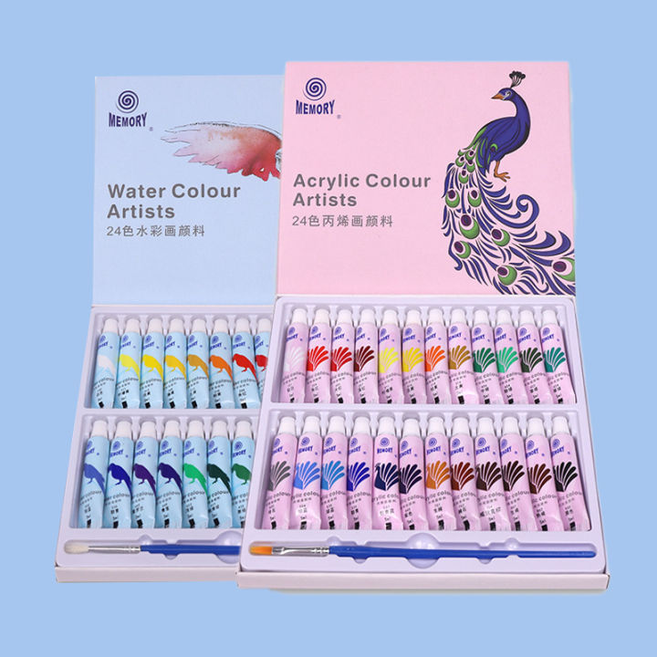 Acrylic Paint & Watercolor Set With Brush 12/24 Colors Pigment 5ml Kids ...