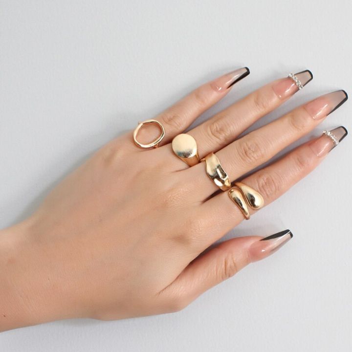 4Pc Geometrical Shape Ring Set Zinc Alloy Material Gold Silver-Color ...