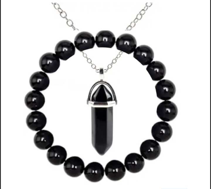 2 PCS/BEAUTIFUL CHARM BLACK SIX SIDED STONE NACKLACE WITH VERY SHINY ...