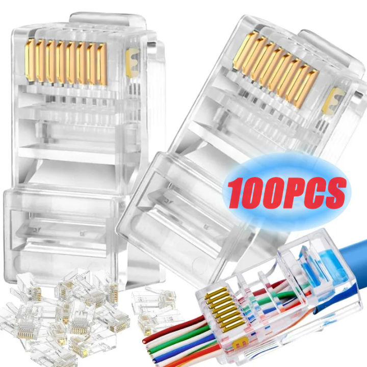 100pcs RJ45 Network Connector 8P8C Modular Ethernet Cable CAT5 CAT5e RJ ...
