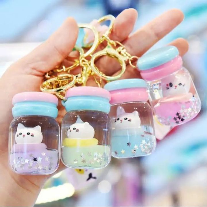 Cute Liquid Cat Panda Floating Keychain Acrylic Drifting Bottle Pendant ...
