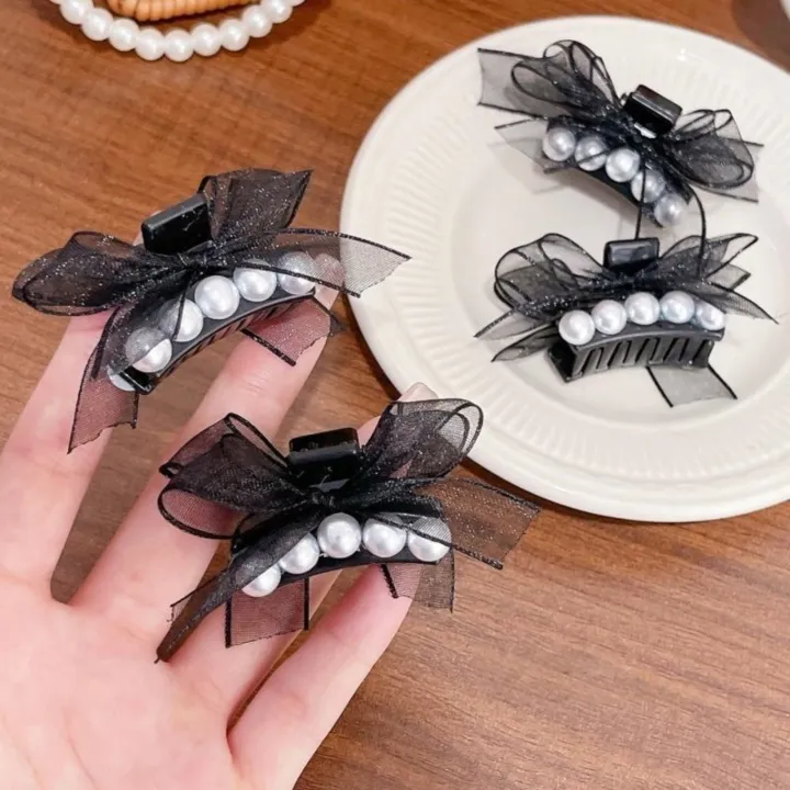 2PCS Double-sided Bow Small Scratch Clip Net Yarn Pearl Clip Forehead ...