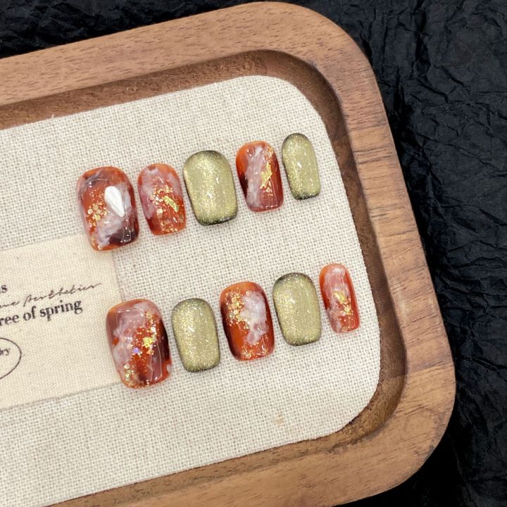 10 PCS Luxury Handmade Press on Nails Short Square Gilding Halo dyeing ...