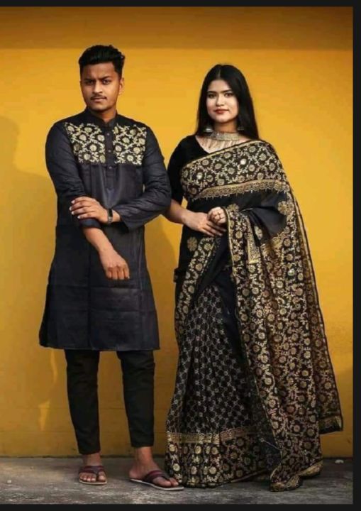 couple black saree and panjabi combo set for men and women ( panjabi ...