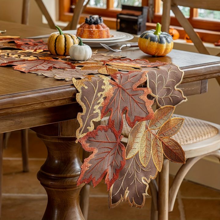 1pc Autumn Maple Leaf Embroidered Table Runner, Flocked Brown Maple Design, Rustic Farmhouse ...
