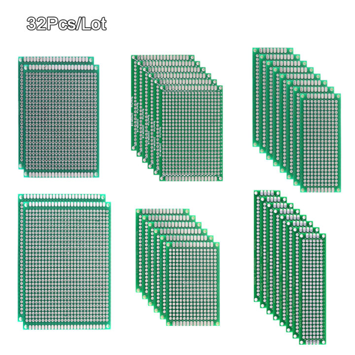 32 Pcs Double Sided PCB Board Prototype Kit 6 Sizes Universal Printed ...