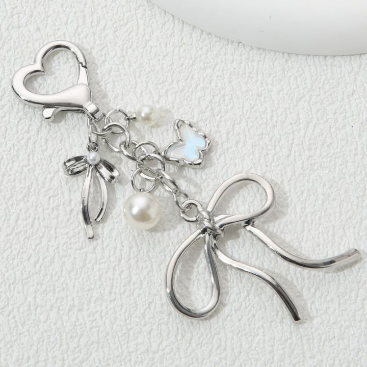 Butterfly Keychain Bow Knot Pearl Enamel Flying Insect Pendant Key Ring ...