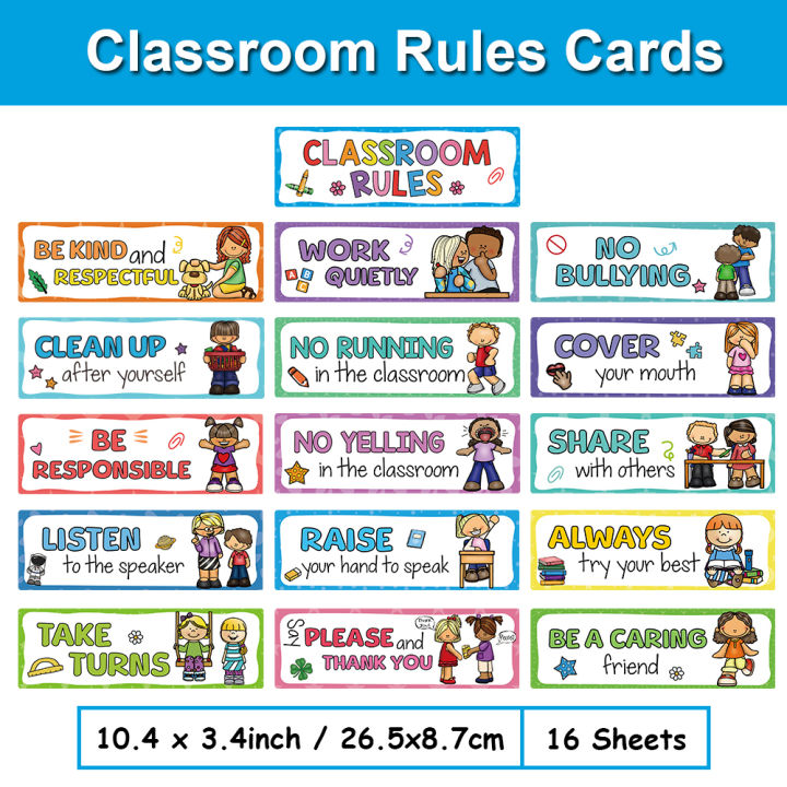 16 Pcs Classroom Rules Learning English Cards Bulletin Board Set ...