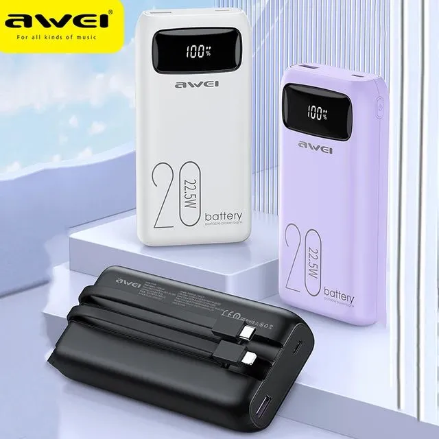 Awei P169K 20000mAh Powerbank 22.5W Fast Charger Built in Type C Cable ...