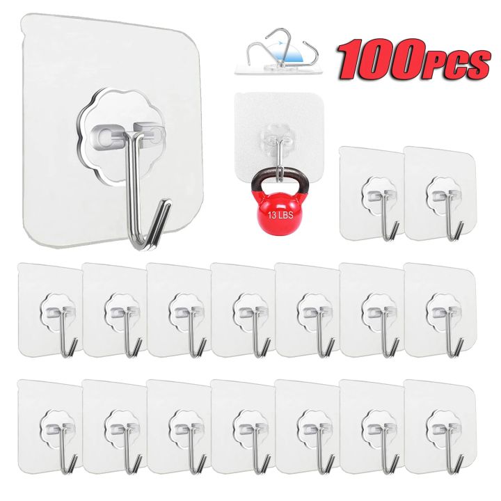 100PCS Transparent Stainless Steel Self-Adhesive Hooks Bathroom Towel ...