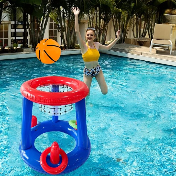 Convenient-to-use inflatable basketball hoop set for pool parties ...
