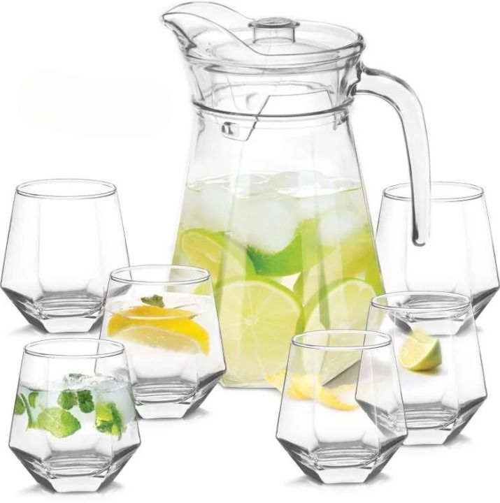 Delisoga Diamond Cut Water glass & Jar Set 7 Pcs Set Water Glass & 1.3 ...