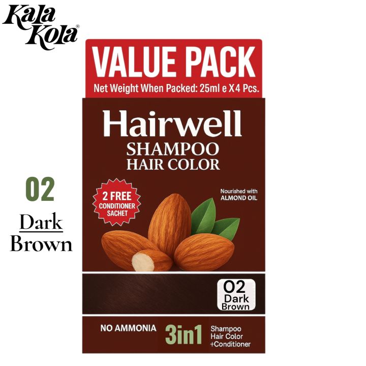 Kala Kola Hairwell Shampoo Hair Color - 02 Dark Brown (Value Pack) - 4 ...