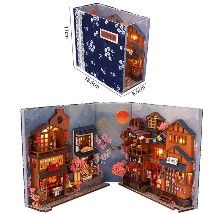 Japanese Retro DIY Wooden Book Nook Shelf Insert Miniature Building ...