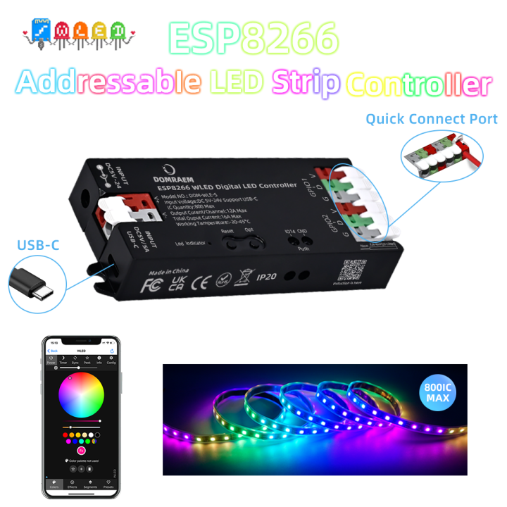 Domraem ESP8266 Digital WiFi LED Controller USB-C5V DC5-24V Strip 100 ...
