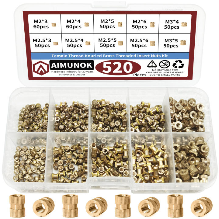 520pcs M2 M2.5 M3 Metric Female Thread Knurled Brass Threaded Insert ...