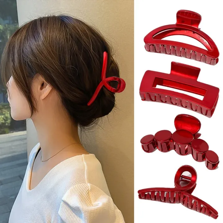 Korean Acrylic Red Hair Claw For Women Geometry Small Large Crab Hair ...