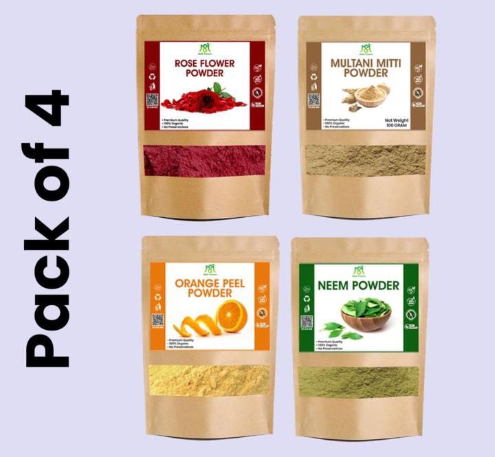 Pack of 4 Multani Mitti + Rose Powder + Neem powder + Orange Peel ...